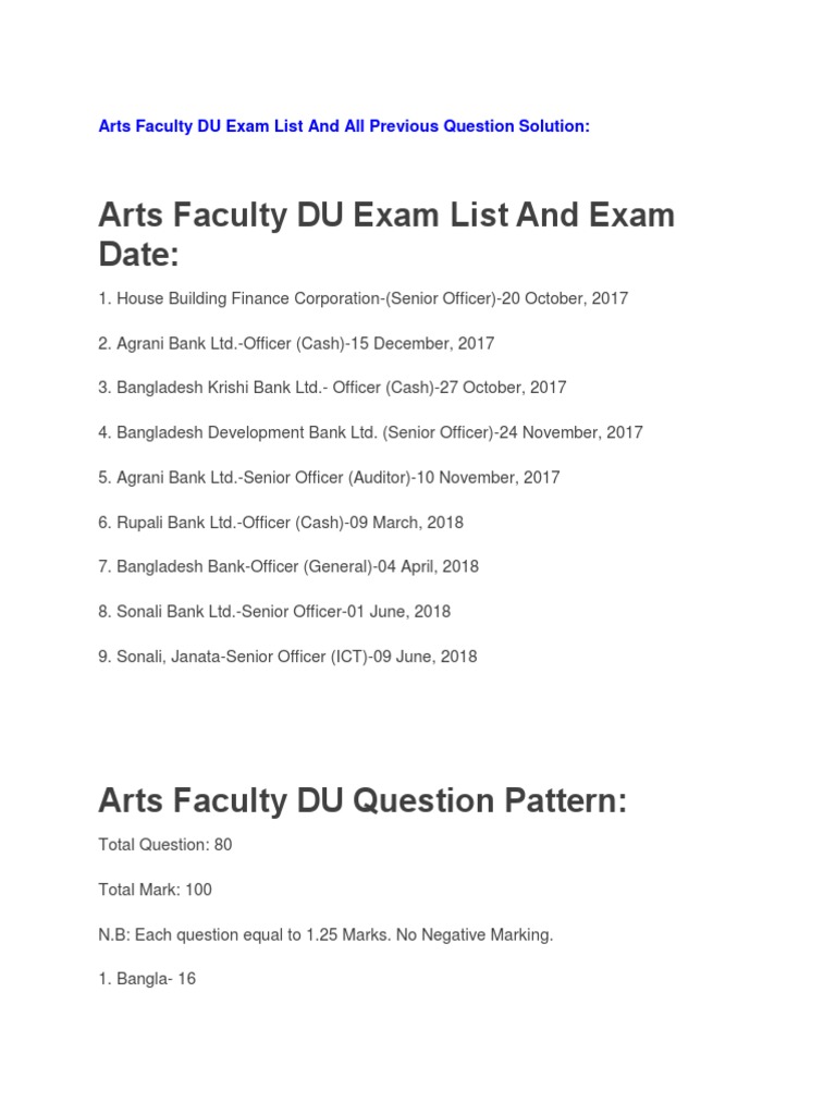 Arts Faculty DU Exam List and All Previous Question Solution | PDF