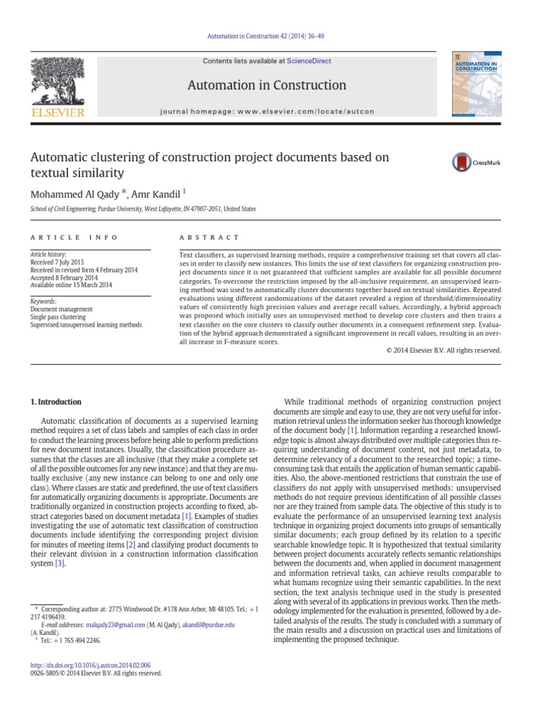 Automatic Clustering of Construction Project Documents Based On Textual Similarity | PDF ...