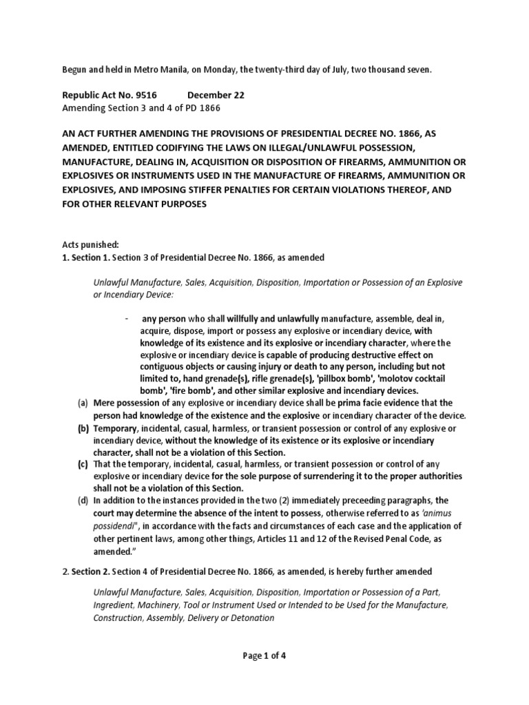 RA 9516 Explosives Law Report | PDF | Double Jeopardy | Crime & Violence
