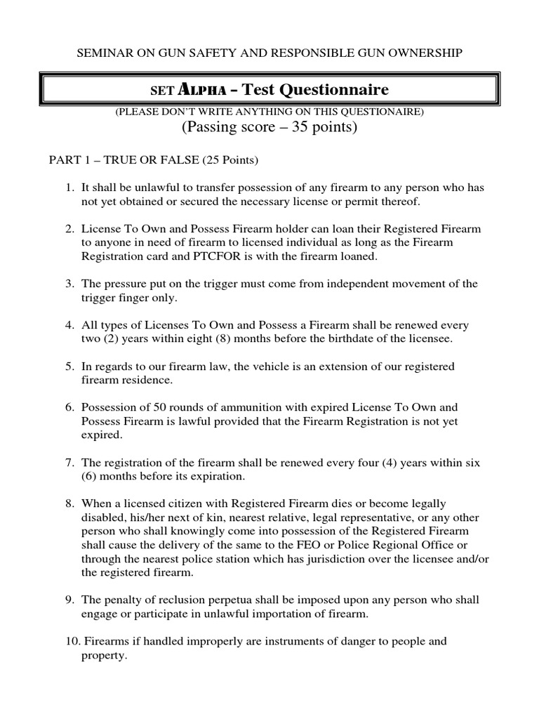 Gun Safety and License Test Questions | PDF | Overview Of Gun Laws By ...