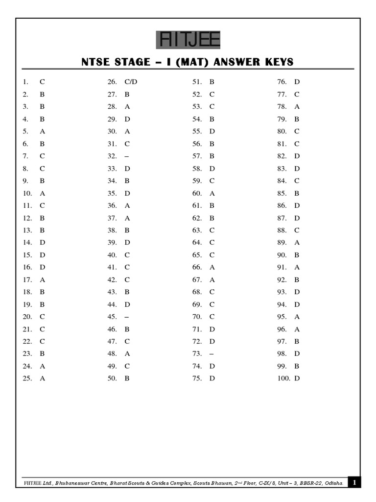 Fiitjee: Ntse Stage - I (Mat) Answer Keys | PDF