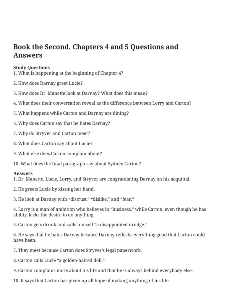 A Tale of Two Cities Book The Second, Chapters 4 and 5 Questions and ...