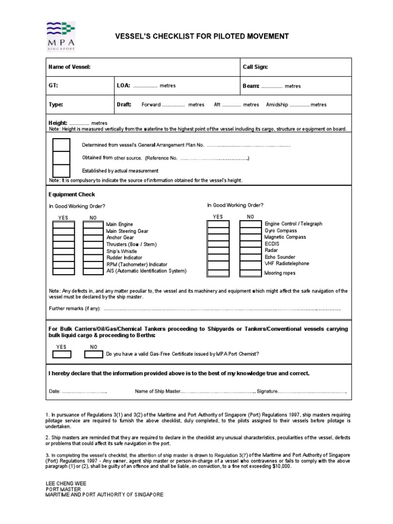 Pilot Checklist 1 | PDF | Ships | Port
