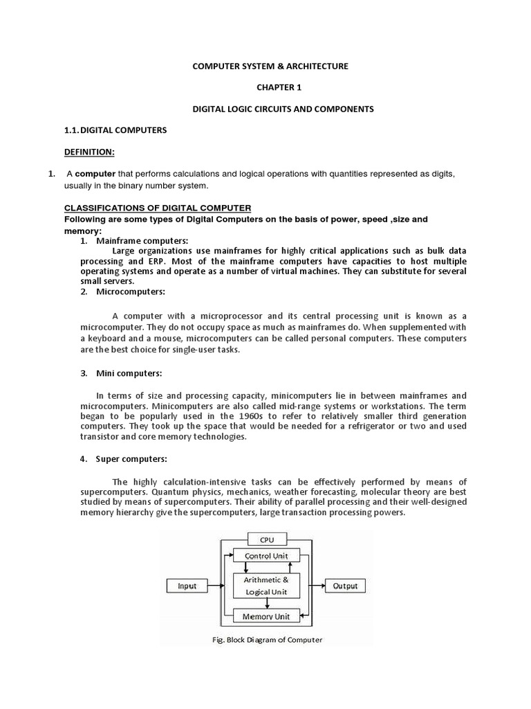 Computer System & Architecture Digital Logic Circuits and Components 1.1. Digital Computers ...