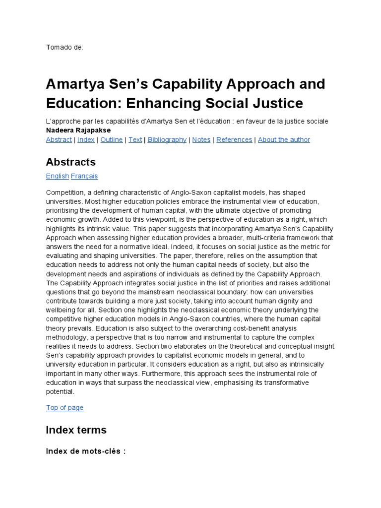 Amartya Sen's Capability Approach and Education: Enhancing Social ...