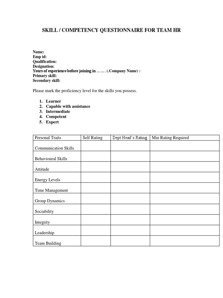 Skill / Competency Questionnaire For Team HR | PDF | Business | Self-Improvement