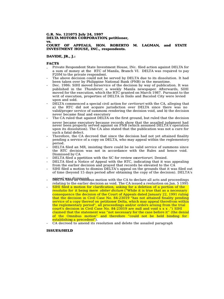 Delta Motors Vs CA 276 SCRA 212 July 4, 1997 | PDF | Separation Of ...