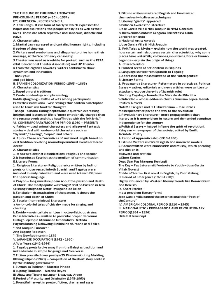 The Timeline of Philippine Literature Jclara | PDF | Poetry | Narrative