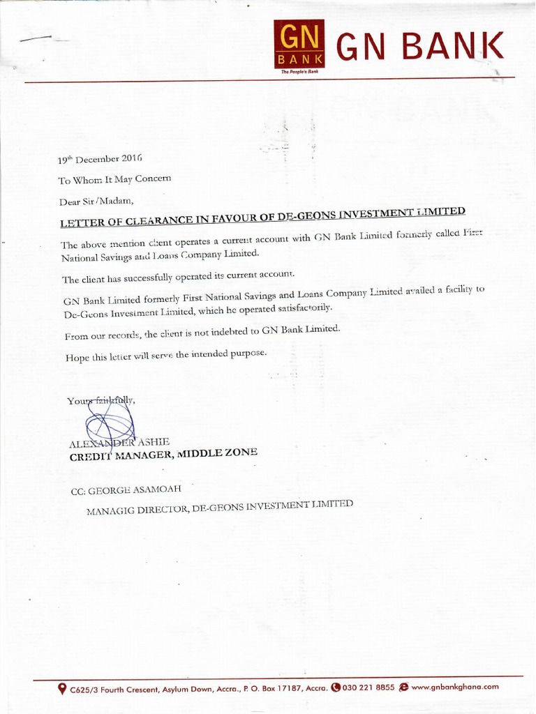 GN Bank - Clearance Letter | PDF