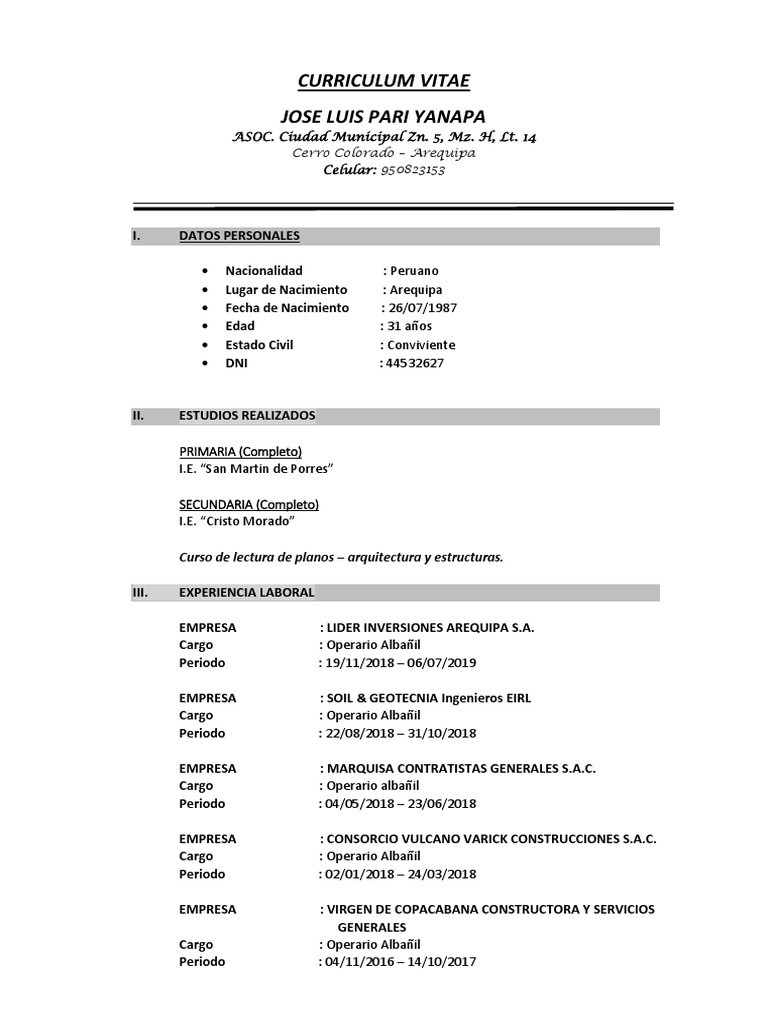 Curriculum Vitae Jose Luis Pari | PDF