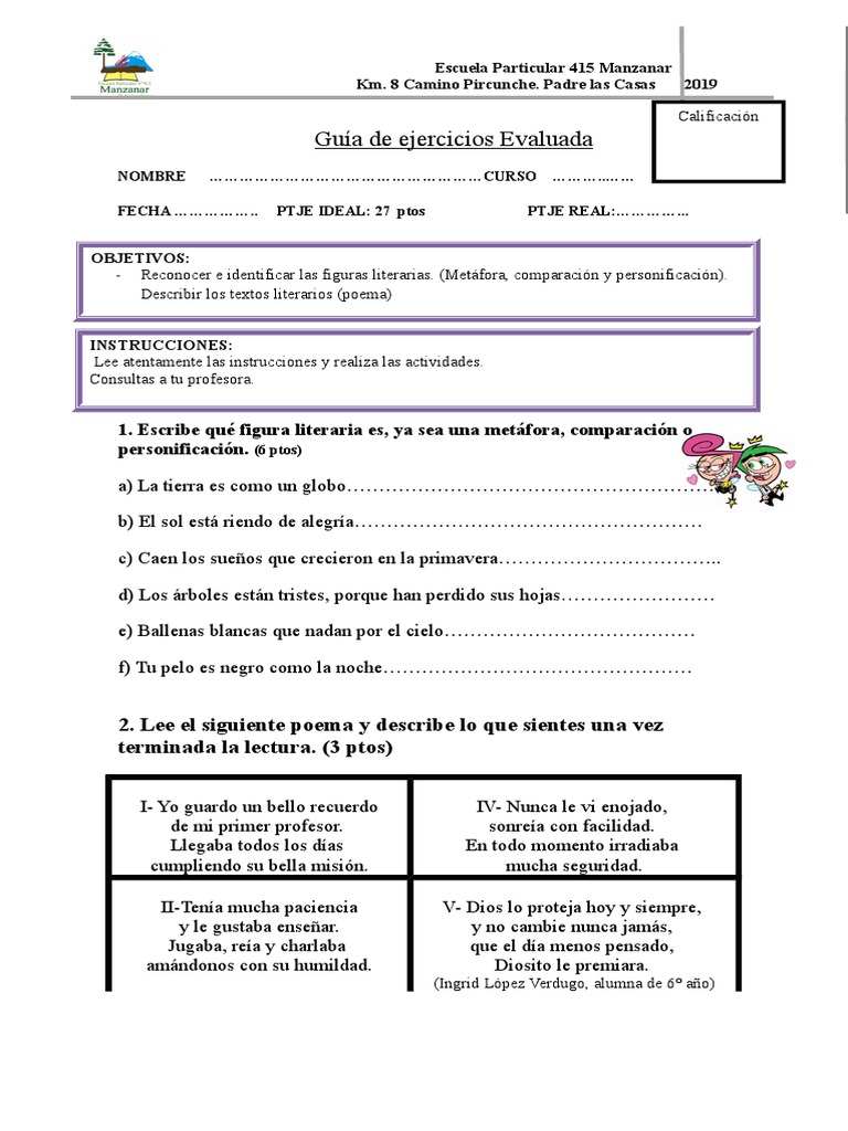 Guía de ejercicios Evaluada: 1. Escribe qué figura literaria es, ya sea ...