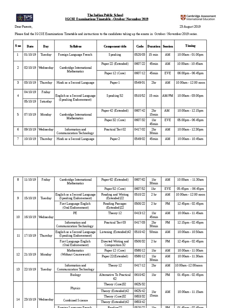 IGCSE Timetable Oct & Nov 2019 | PDF | Multiple Choice | Test (Assessment)