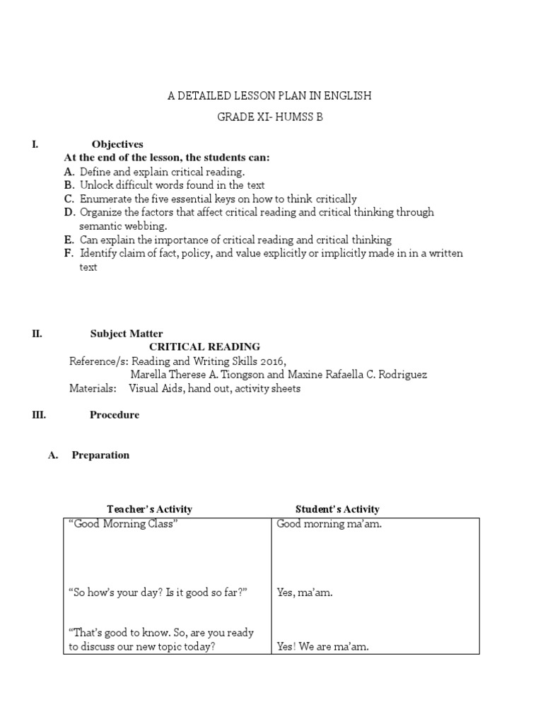 Critical Reading Lesson Plan for HUMSS | PDF | Critical Thinking | Argument