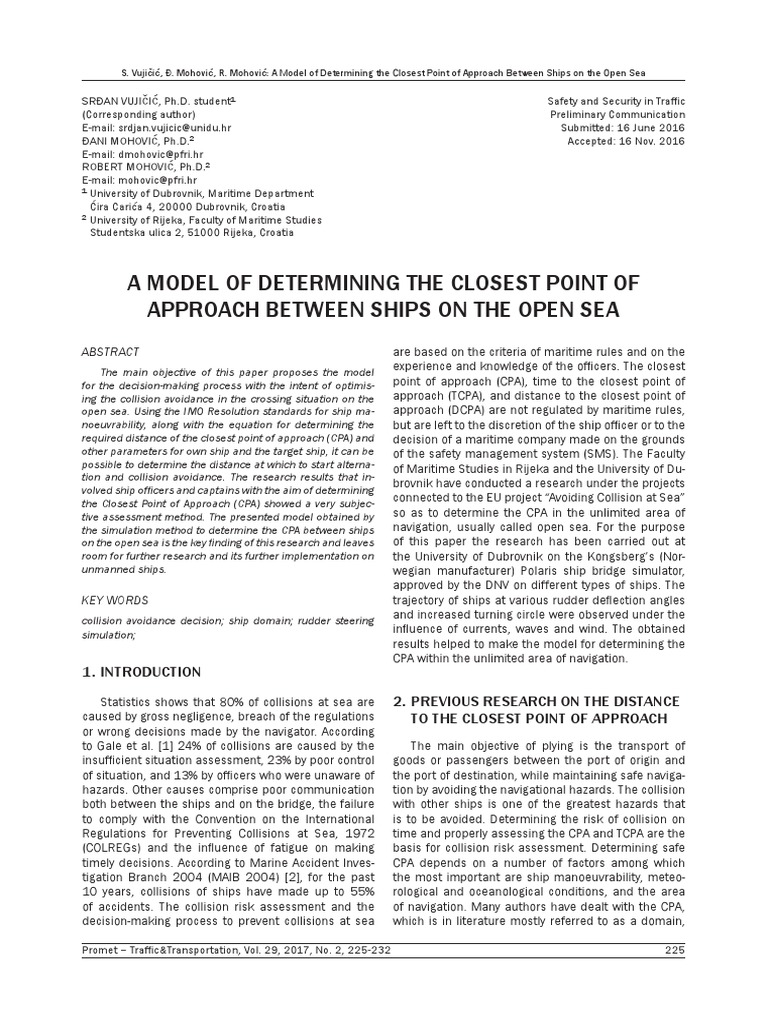 A Model of Determining The Closest Point of Approach Between Ships On ...