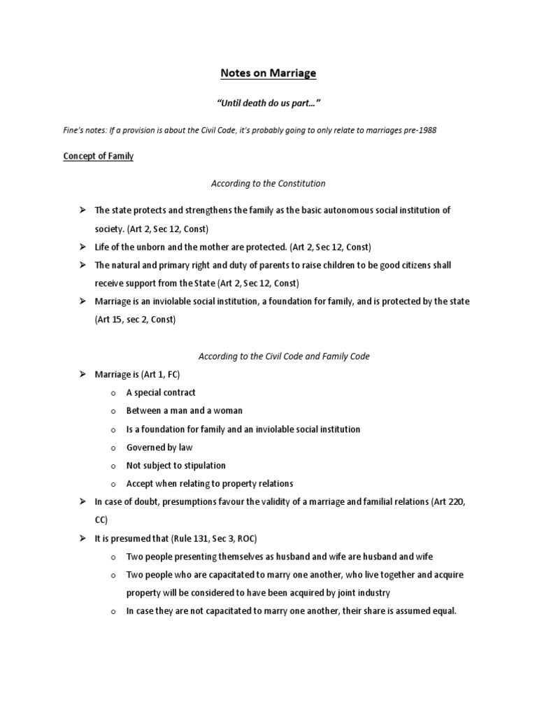 Notes On Marriage | PDF | Annulment | Marriage