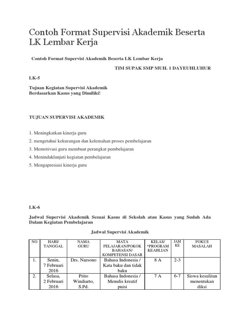 Contoh Format Supervisi Akademik Beserta LK Lembar Kerja | PDF