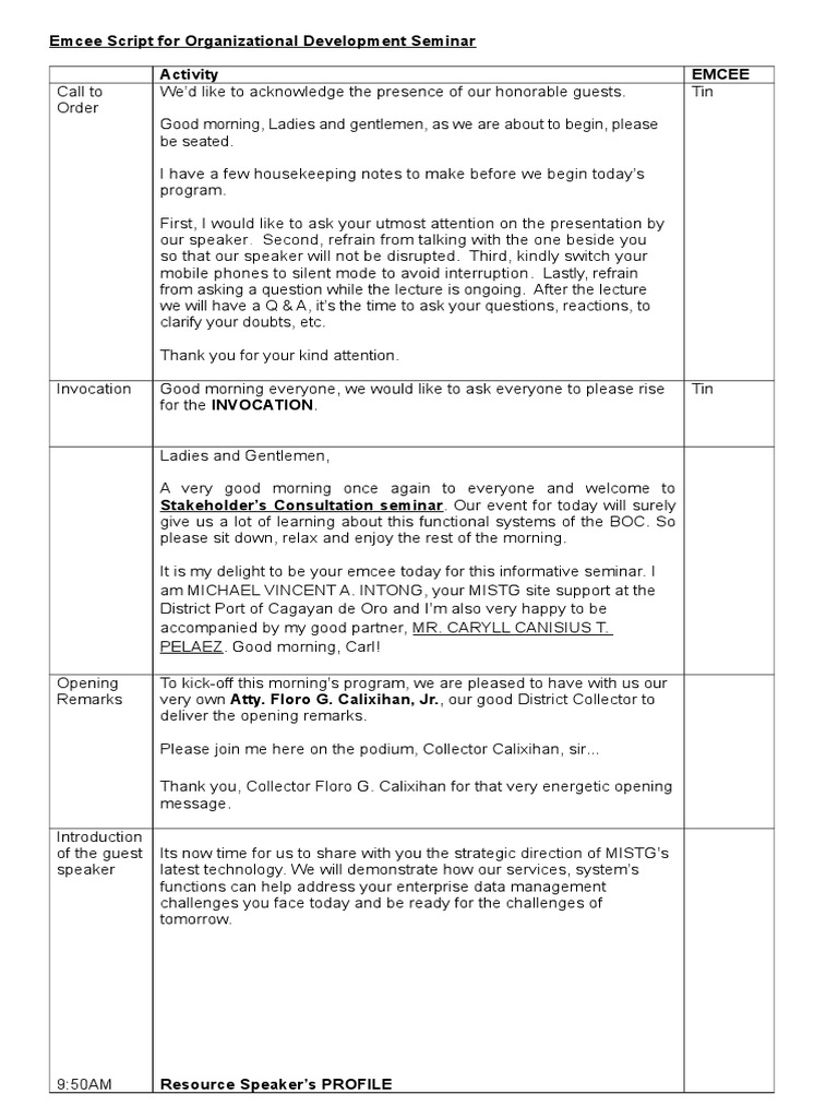 Emcee Script For Organizational Development Seminar Activity Emcee ...