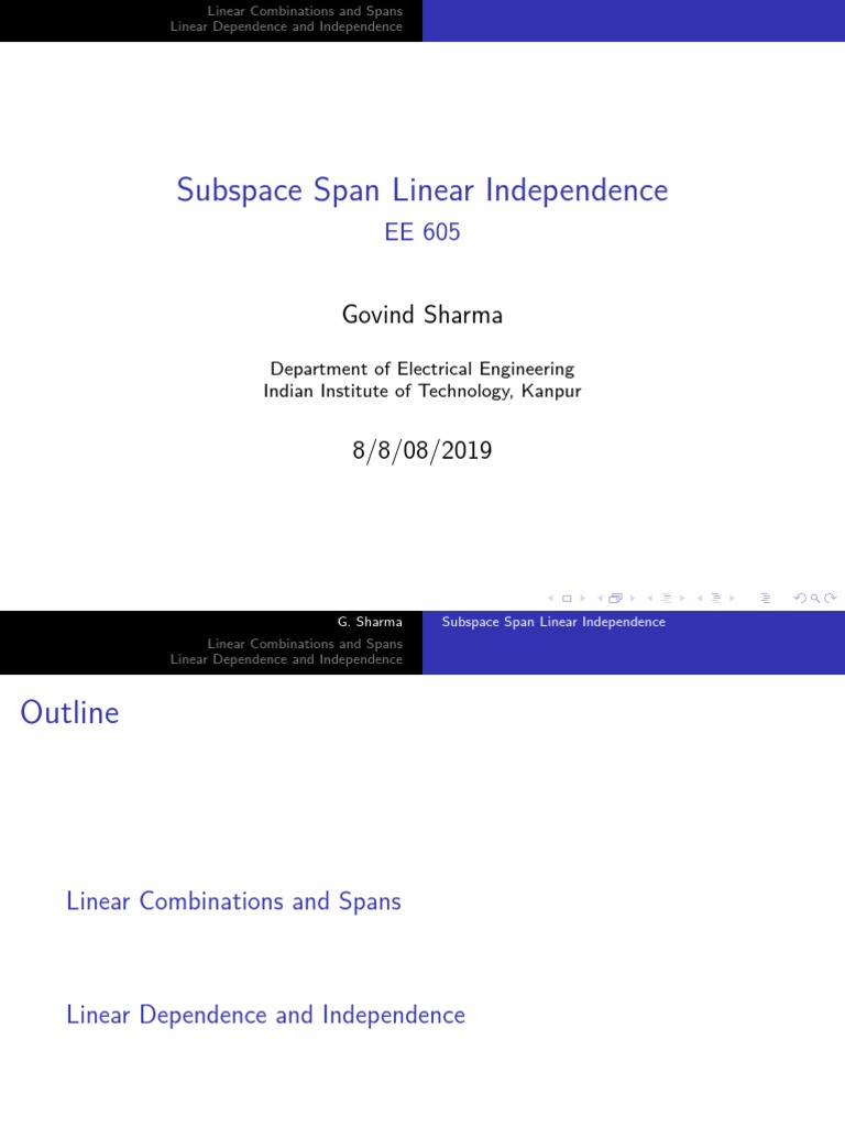 Subspace Span Linear Independence: Govind Sharma | PDF | Linear Subspace | Vector Space