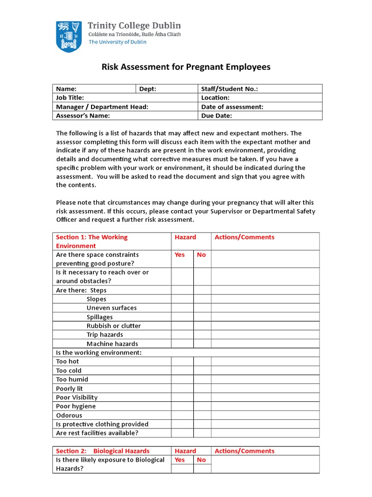 Pregnant Employees Risk Assessment Form | PDF | Personal Protective ...