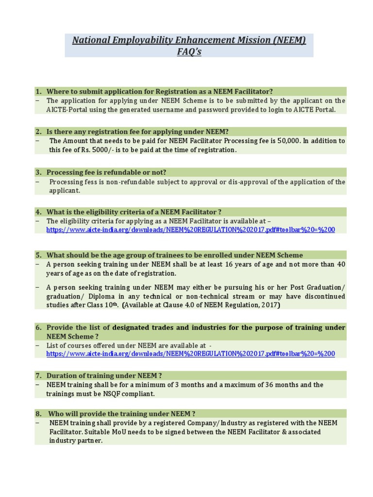 National Employability Enhancement Mission (NEEM) FAQ's | PDF ...