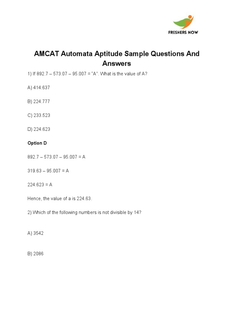 AMCAT Automata Aptitude Sample Questions And Answers Explained | PDF | Business