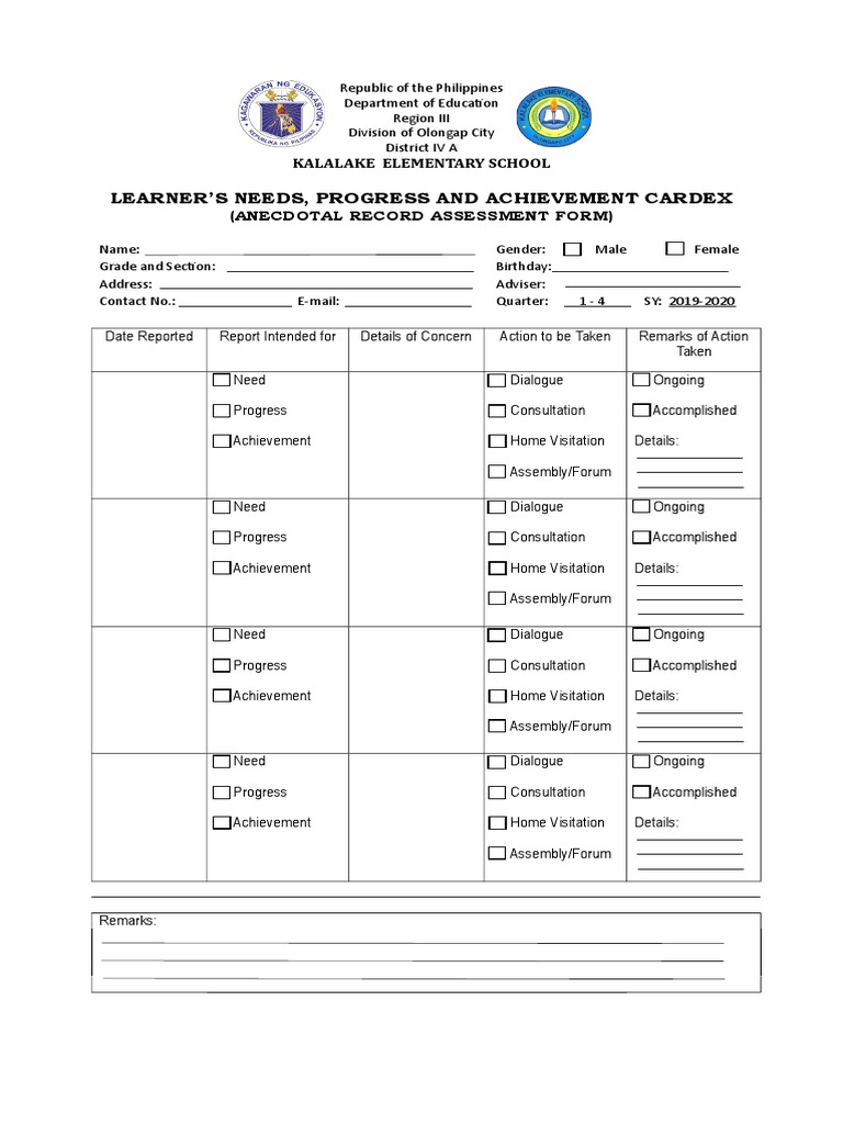 Learner'S Needs, Progress and Achievement Cardex: Kalalake Elementary ...