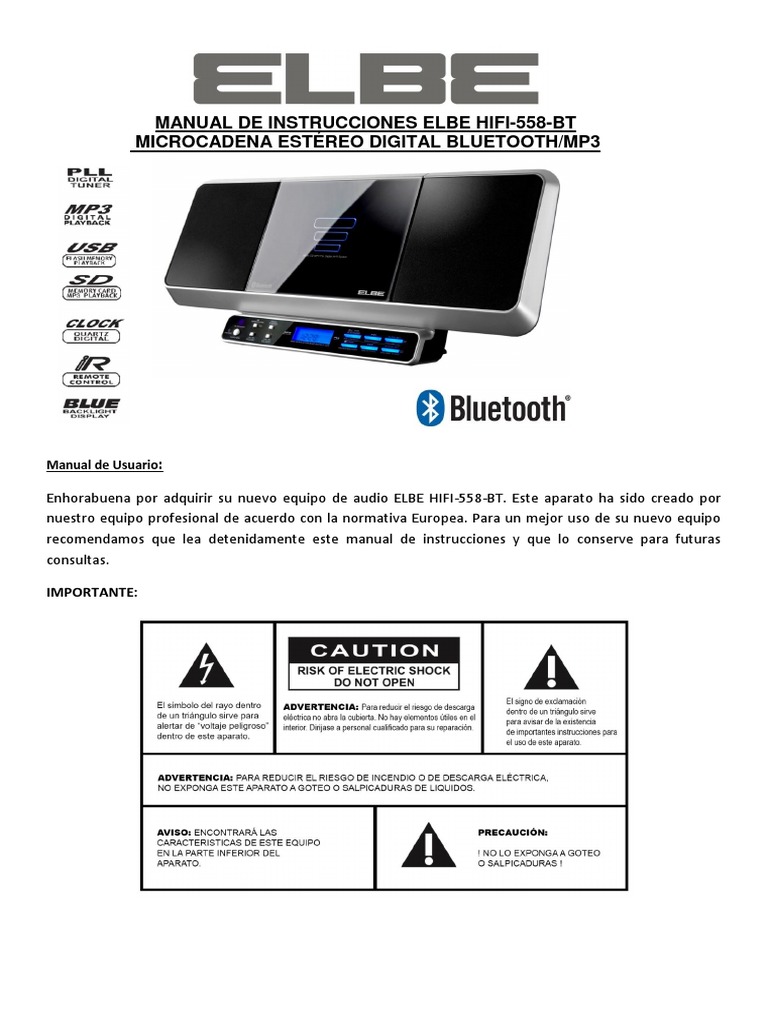 Manual Elbe Hifi 558 BT Microcadena Estereo Digital Bluetooth Mp3 | PDF ...