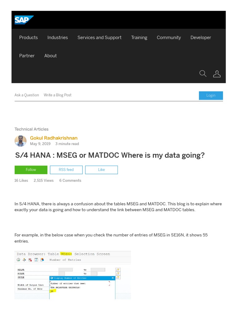 S - 4 HANA - MSEG or MATDOC Where Is My Data Going - SAP Blogs | PDF | Databases | Information ...