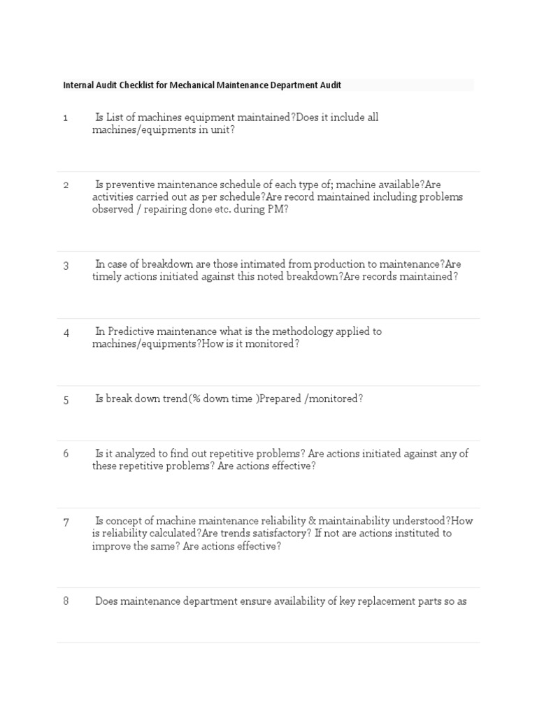 Internal Audit Checklist For Mechanical Maintenance Department Audit ...