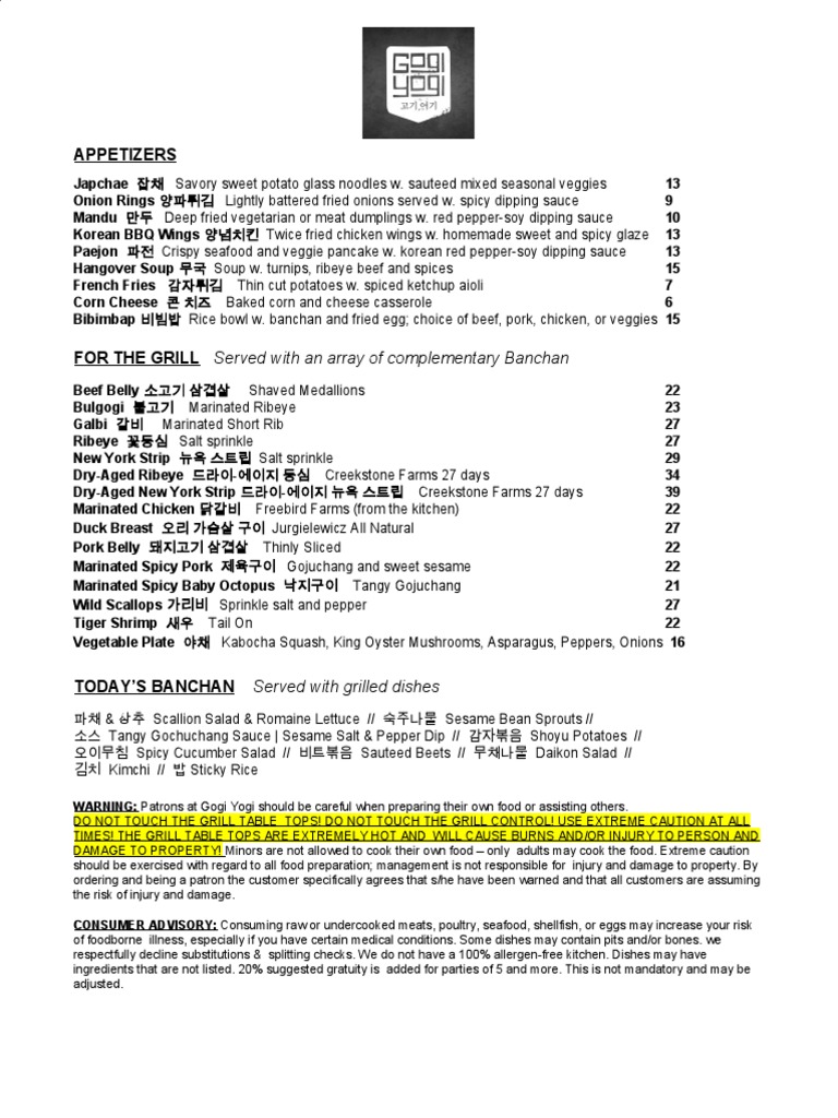 Gogi Yogi Menu | PDF | Foods | Food And Drink