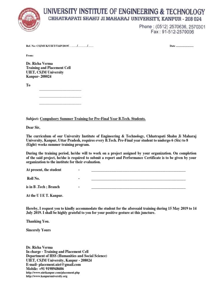 Summer Training Letter | PDF