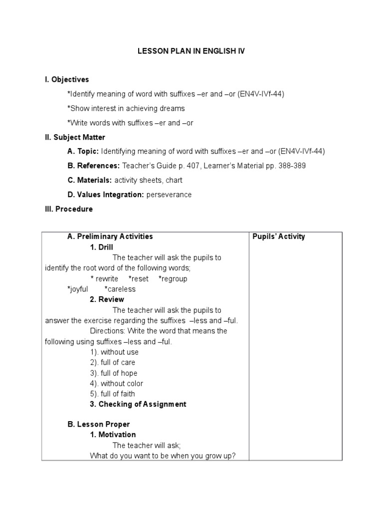 Lesson Plan in English IV (Demo) | PDF | Lesson Plan | Teachers
