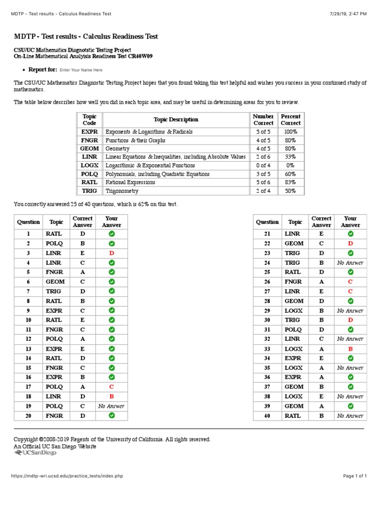 MDTP - Test Results - Calculus Readiness Test PDF | PDF | Equations ...