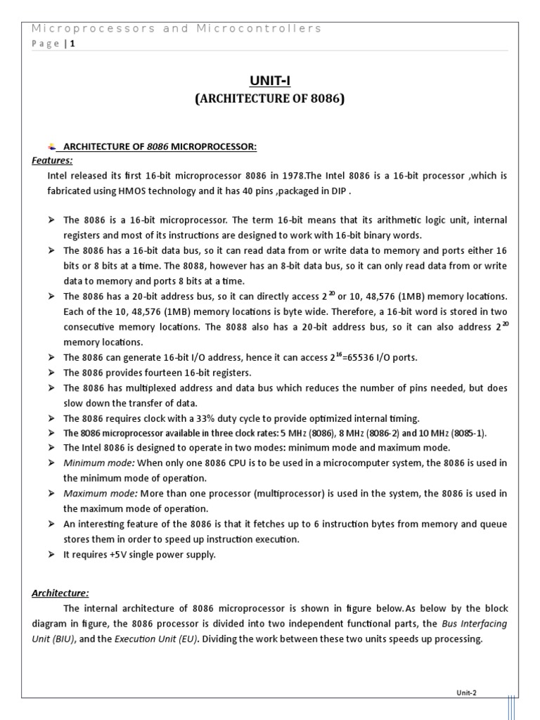 Unit-I (Architecture of 8086) | PDF | Central Processing Unit | Input/Output