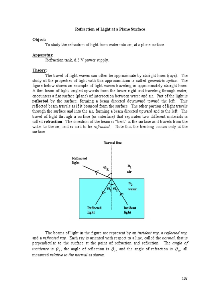 Refraction of Light at A Plane Surface Object:: Incidence Is | PDF | Refraction | Reflection ...
