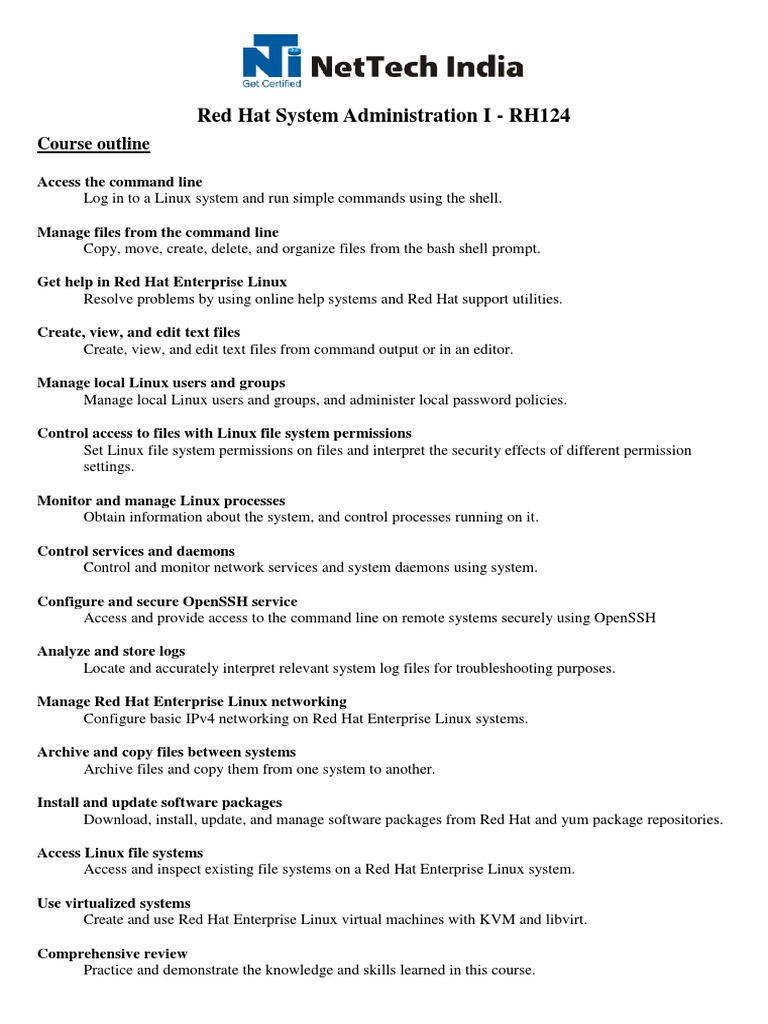 Red Hat System Administration I - RH124: Course Outline | PDF | Linux ...