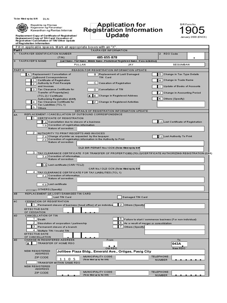BIR Form 1905: Tax Registration Updates | PDF | Receipt | Invoice