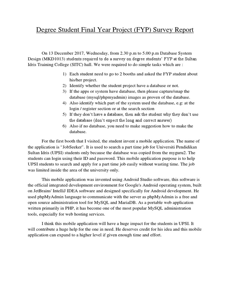 Final Year Project Survey Report | PDF | Human Factors And Ergonomics ...