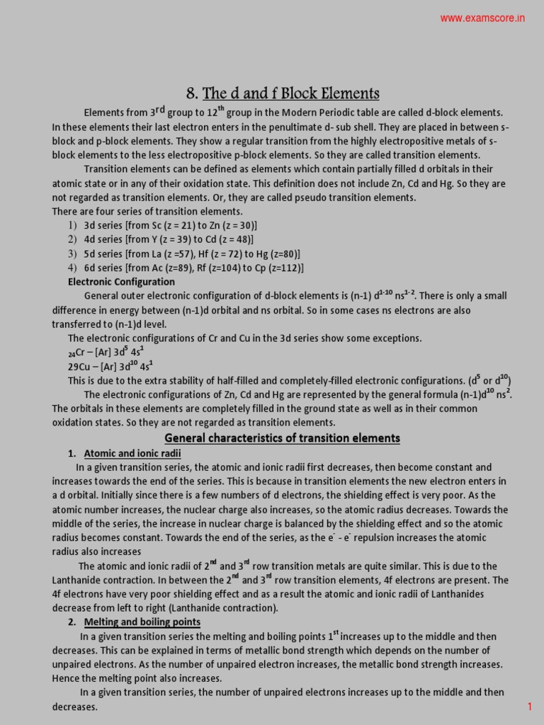 The D and F Block Elements PDF | PDF | Transition Metals | Lanthanide