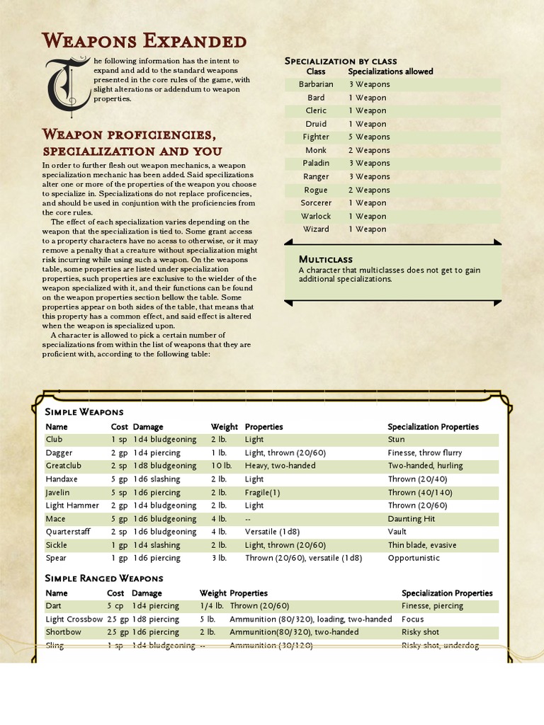 Weapons Expanded: Weapon Proficiencies, Specialization and You | PDF ...