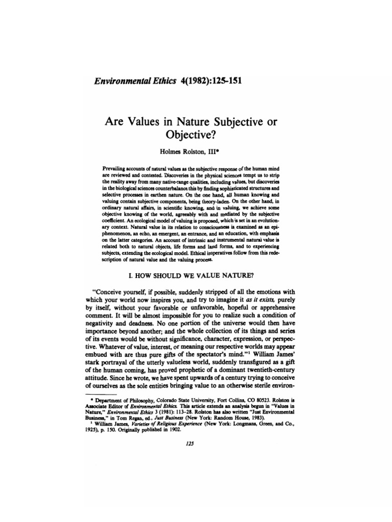 Are Values in Nature Subjective or Objective by Holmes Rolston III ...