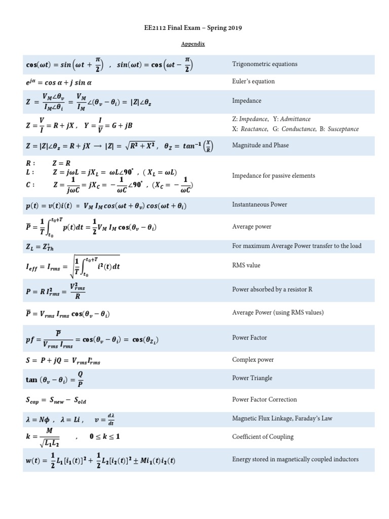 Formula Sheet For Final Exam | PDF | Inductance | Electrical Impedance