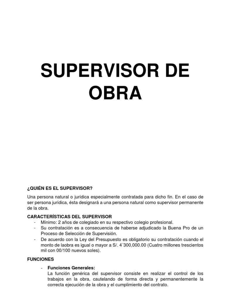 Supervisor de obra: funciones, requisitos y normativa aplicable | PDF ...
