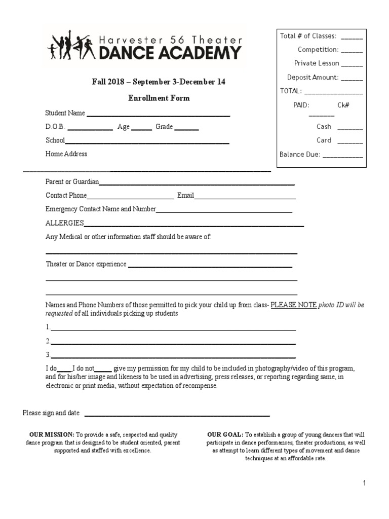 Dance Academy Enrollment Form 2018 | PDF | Clothing | Dances