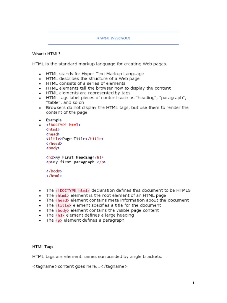 Html4, W3School: !doctype HTML Head Title /title /head Body h1 /h1 P /P ...