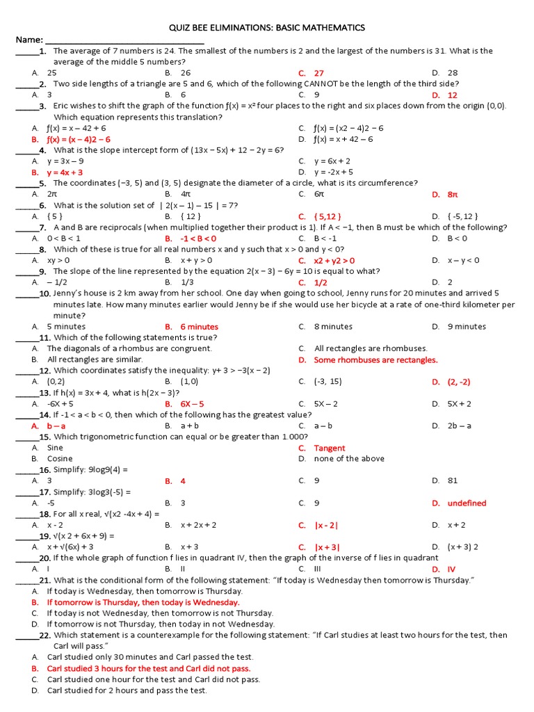 (Questionnaire With Answer Key) Basic Math | Download Free PDF ...
