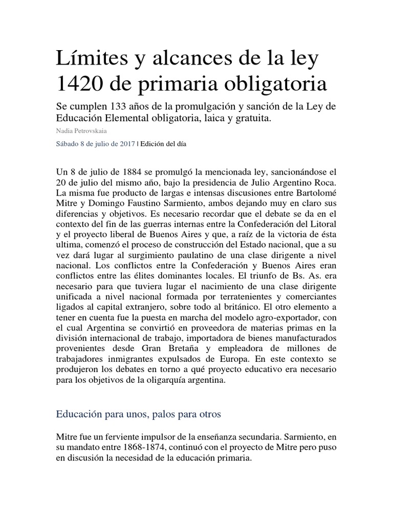 Límites y Alcances de La Ley 1420 de Primaria Obligatoria | PDF ...