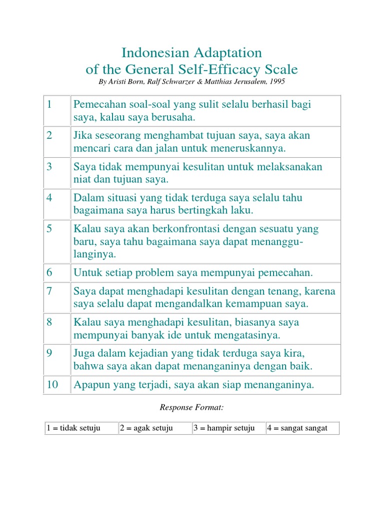 Indonesian Adaptation of The General Self-Efficacy Scale | PDF