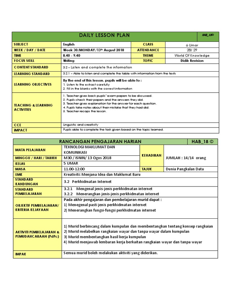 Daily Lesson Plan: Rancangan Pengajaran Harian HAB - 18 © | PDF ...