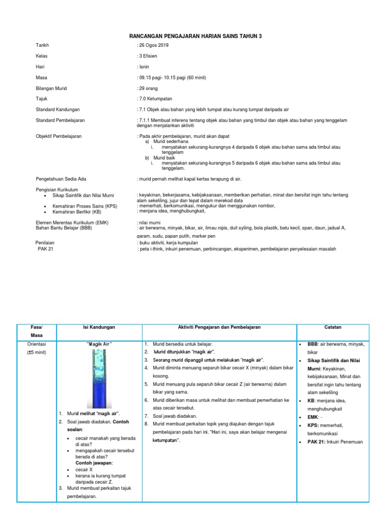 RPH Sains T3 - Ketumpatan | PDF